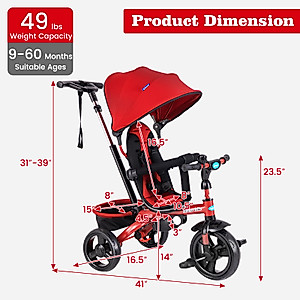 INFANS Kids Tricycle, 6 in 1 Stroll Trike with Adjustable Push Handle, Removable Canopy, Retractable Foot Plate, Lockable Pedal, Detachable Guardrail, Suitable for 10 Months to 5 Years (Red)