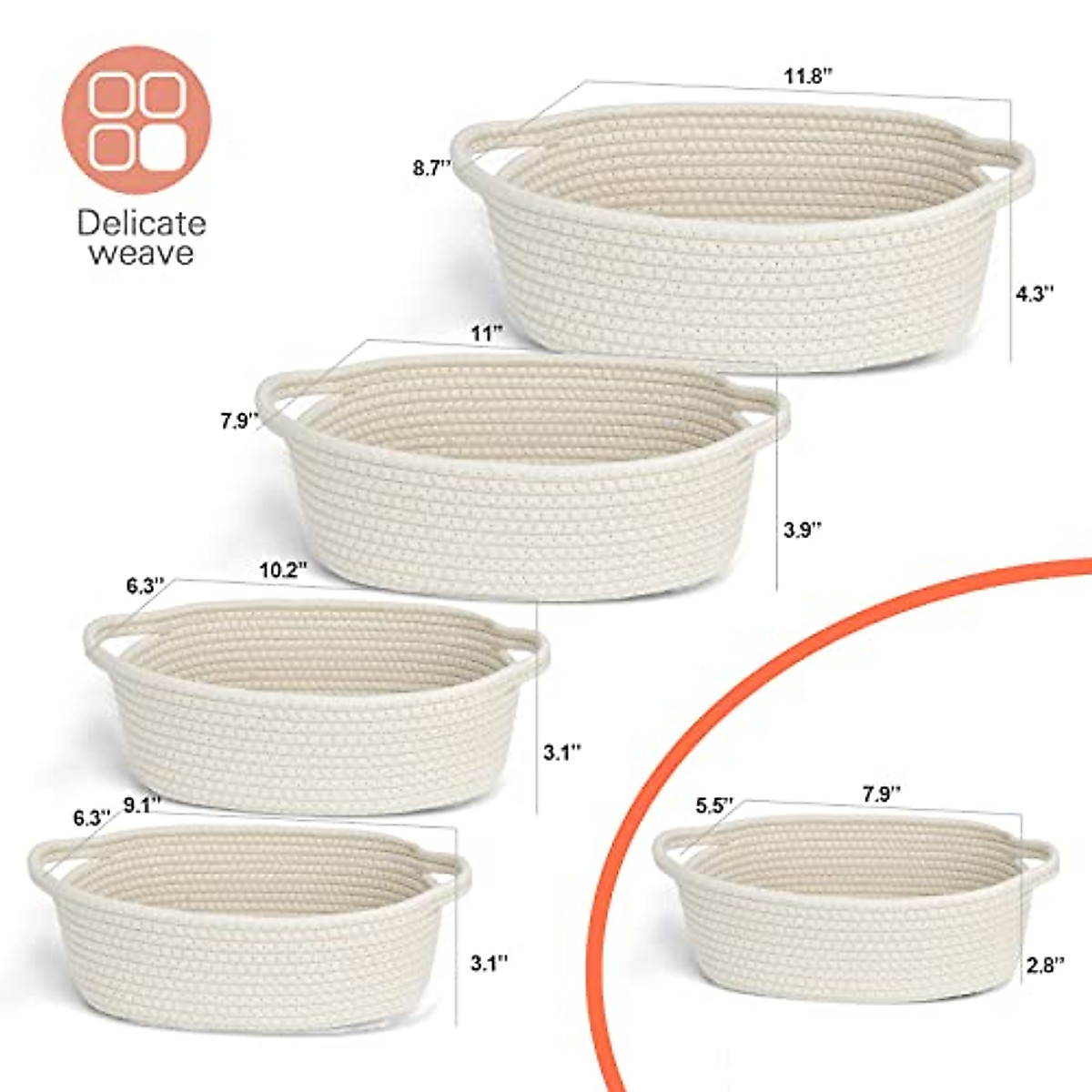 MZVUL Cotton Rope Storage Basket, 5 PCS Woven Baskets for Organizing, Toy Storage Small Baskets, Cuboid Woven Storage Basket with Handles for Baby Nursery, Bathroom Organizer Bins (Beige)