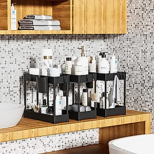 CuivnKak Under Sink Organizer, 2 Tier Under the Sink Organizer, Under Cabinet Organizer, Kitchen Sink Organizer, Bathroom Organizer Under Sink with 3 Hanging Cups and 12 Hooks, 3 Pack Black