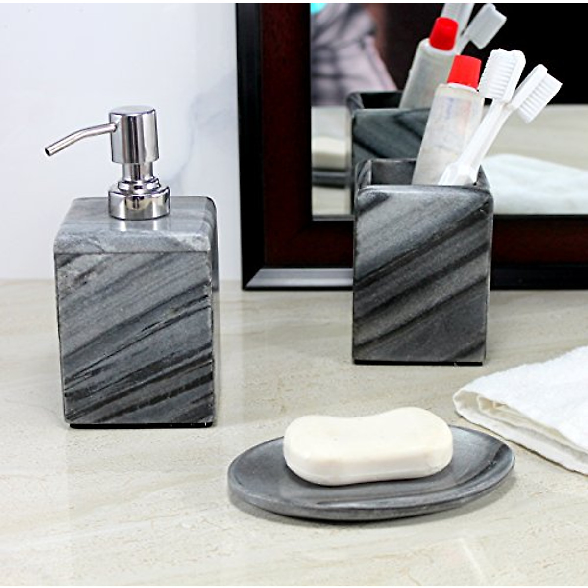 KLEO - Bathroom Accessory Set Made from Natural Stone - Bath Accessories Set Includes Soap Dispenser, Toothbrush Holder, Soap Dish (Grey - Set of 3)