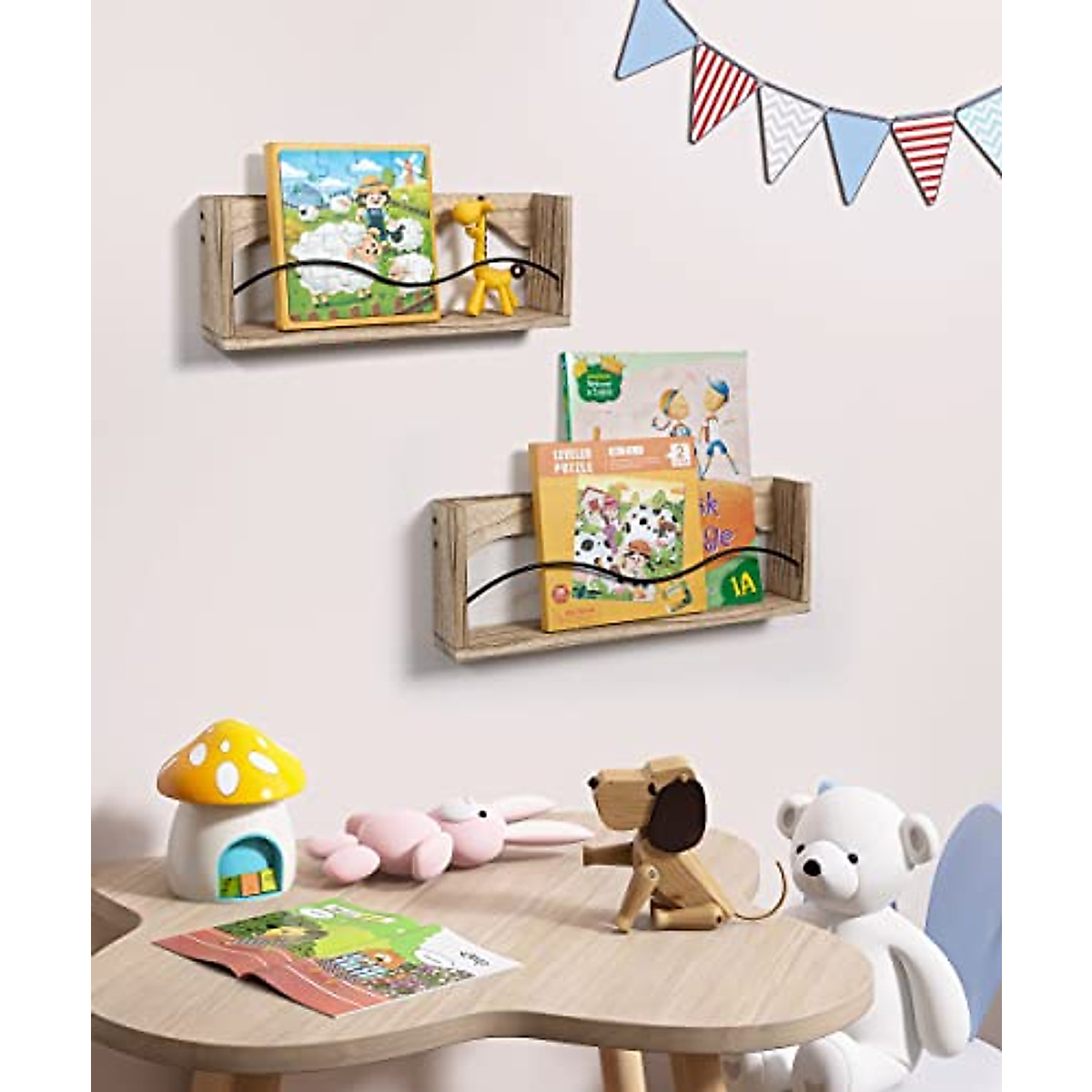 Sapowerntus Wood Book Shelves Wall Mounted, Rustic Nursery Magazine Holder Organizer Vinyl Record Rack with Curve Rail Wave Design, Wall Bookshelf Home Room Office Decor, Set of 2