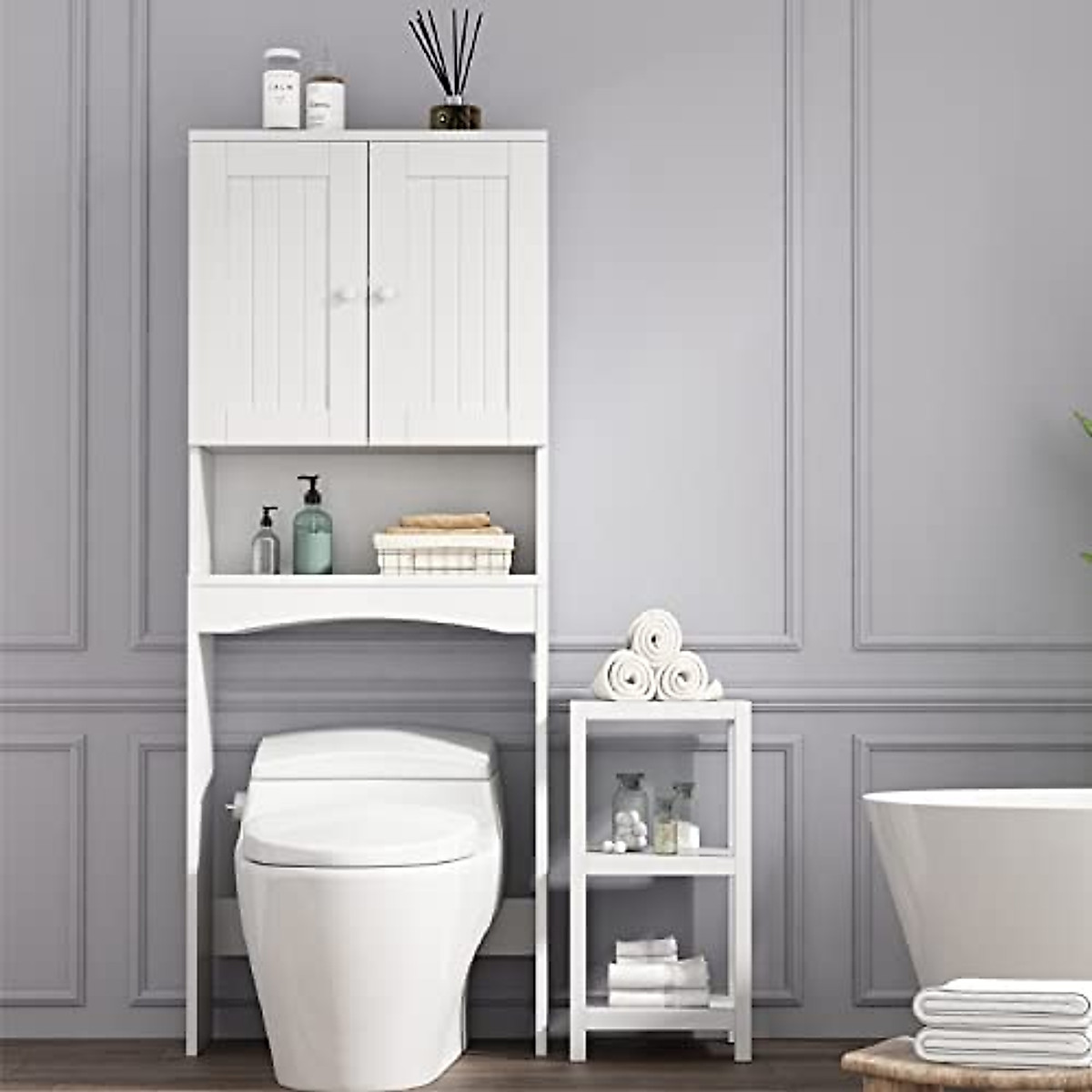 Recaceik Bathroom Storage Over Toilet, Over The Toilet Storage Cabinet with 2 Doors, Freestanding Bathroom Shelf Cabinet Organizer for Toilet, Laundry Room -23.60" L x 9.00" W x 61.80" H