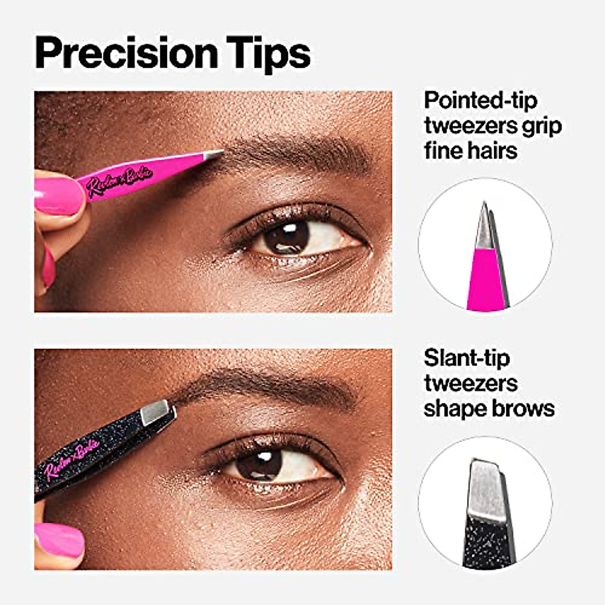 Revlon x Barbie Mini Tweezer Set, Stainless Steel Hair Removal Makeup Tool, includes Slant Tip & Pointed Tip Tweezers in Travel Case