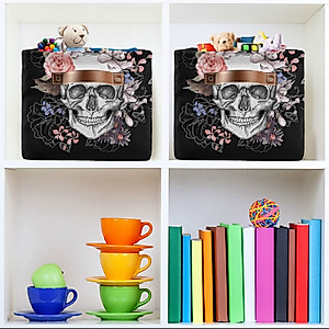 Sugar Skull Flower Floral Vintage Storage Bin Canvas Toys Storage Basket Bin Large Storage Cube Box Collapsible with Handles for Home Office Bedroom Closet Shelves,1 pc
