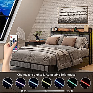Saudism Full Size Bed Frame with Charging Station, Bed Frame with Led Lights, Full Platform Bed Frame with Soft Storage Headboard, Sturdy and Durable, No Box Spring Needed, Rustic Wood + Steel, Grey