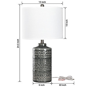 Modern Ceramic Table Lamp, 24.5" Living Room Lamps 3-Way Dimmable Gray Nightstand Lamp with White Shade|Tall Bedside Lamp Desk Decor Lamps for Bedrooms Farmhouse Office End Table Lamps(Bulb Included)