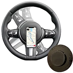 SafeVuu Magnetic Universal Steering Wheel Phone Holder - Perfect Rotating Magnet Mobile Mount for Golf Carts, Trucks, Utility Vehicles, Motor Coaches, GPS Hands - Free Driving