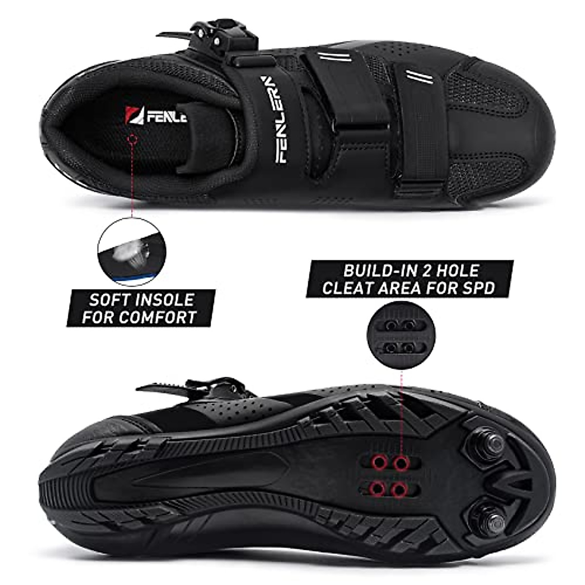 FENLERN Men's Cycling Shoes Mountain Bike Shoes MTB with Quick Ratchet Buckle Indoor Riding Outdoor Cycling Compatible with 2-Bolt Cleats, Black 9.5