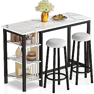 Lamerge Kitchen Counter Height Table and Stools Set for 2, 4-Tier Compact Dining Table, White Faux Marble Top and 2 PU Leather Upholstered Seats, Modern Dining Room Furniture for Home/Studio/Office