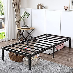 YUSENHEEI Twin Size Bed Frame 16 Inches High Metal Platform Bedframe with Slat Strips Easy Assembly Heavy Duty Strong No Need Box Spring Noise Free Non-Slip Large Storage Space Underbed