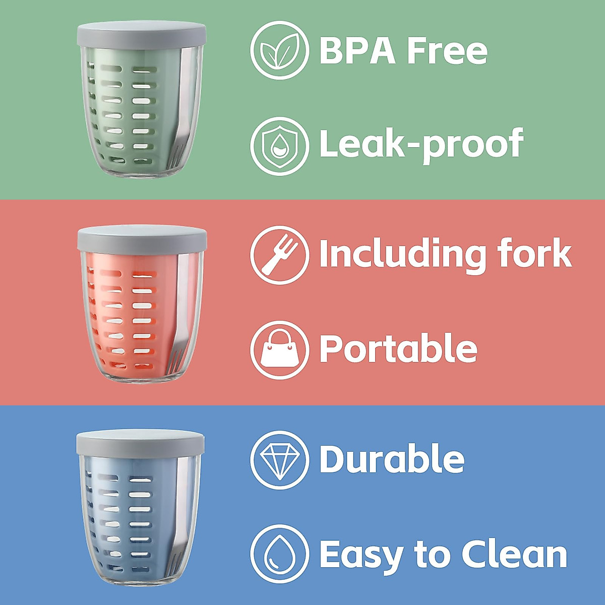 SENARYE Fruit Salad Container, Fruit Cups with Lid, Removable Colander, and Fork, 20oz Fruit and Veggie Storage Containers with Portable, BPA Free, Leak-proof, Easy to Clean, and Reusable (Green)