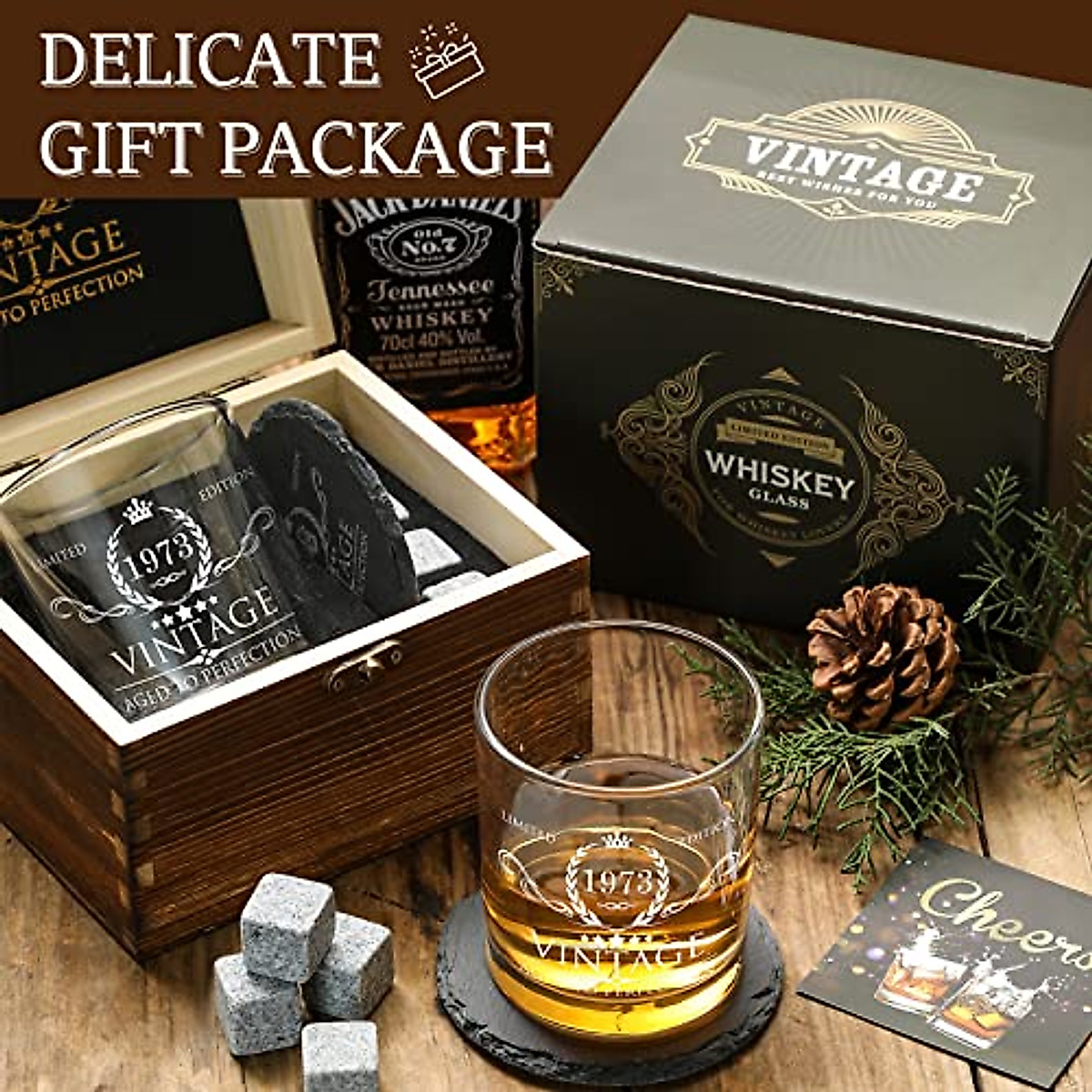 50th Birthday Gifts for Men Whiskey Glass Set - 50th Birthday Decorations, Party Supplies - 50 Year Anniversary, Bday Gifts Ideas for Him, Dad, Husband, Friends - Wood Box & Whiskey Stones & Coaster