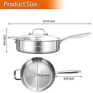 DELARLO Whole Body Tri-Ply Stainless Steel Sauté Pan with lid, 6 Quarts Saute Pan, 12 Inch Deep Frying Pan, Large Skillet Cooking Pan Induction Compatible Chef Pan, Dishwasher & Oven Safe