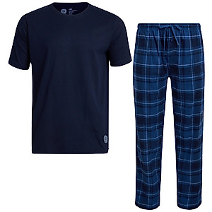 Vince Camuto Men's Pajama Set - 2 Piece Short Sleeve T-Shirt and Fleece Lounge Pants Pajamas for Men (S-XL), Size Medium, Navy/Denim Plaid