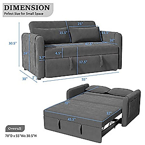 Ucloveria Sleeper Sofa Bed, Pull Out Couch Bed with 2 Detachable Arm Pockets, Adjustable Velvet Loveseat Futon Sofa Couch for Living Room Bedroom, 55" 2-Seater Lounge Sofa, Grey