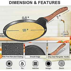 Aoorun Crepe Pan, Pancake Pan, Dosa Tawa Pan Nonstick Flat Griddle Frying Skillet Pan with Granite Coating & Solid Wood Handle for Omelette, Tortillas, Induction Compatible, 10 Inch