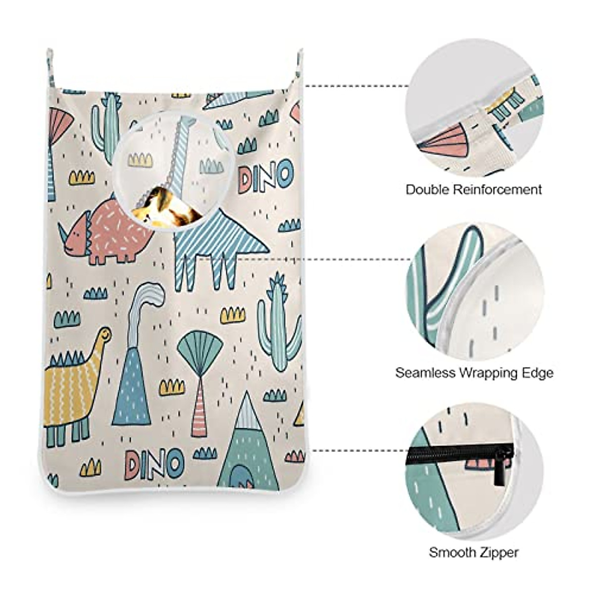 ElliTarr Hanging Laundry Hamper Bag Over the Door Wall Large Dirty Clothes Hamper with Stainless Steel Hooks 29.5X20inch 2Pack Cute Dinosaur Beige