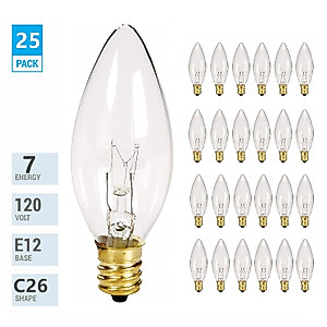 25 Pack Clear Torpedo Tip Replacement Light Bulbs, Steady Burning Crystal Candelabra Light Bulbs for Chandeliers, Electric Candle Lamp, Window Candles, Nightlight- 7 Watt - E12 Candelabra Base
