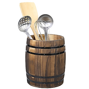 MyGift Wine Barrel Design Kitchen Utensil Crock, Vintage Rustic Burnt Wood Cooking Tool Holder