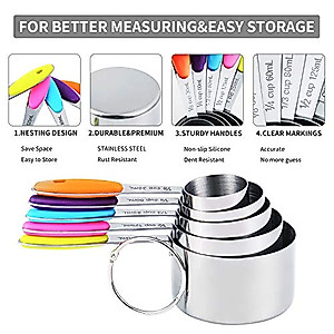 TILUCK measuring cups and magnetic measuring spoons set, 5 stainless steel measuring cups, 6 double-sided stainless steel measuring spoons & 1 leveler (5+7)