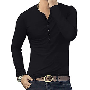 YTD Mens Casual Slim Fit Basic Henley Long Sleeve Fashion T-Shirt XL Black