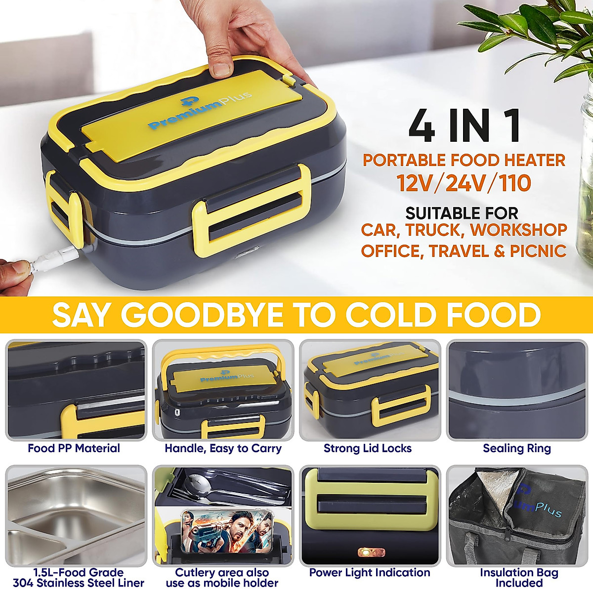 PREMIUMPLUS Electric Lunch Box Food Heater- Portable Food Warmer with Carrying Bag, Fork & Spoon- Lunch Box Warmer Portable for Work Car Truck- 1.5L Crockpot Lunch Warmer- 60W 12V/24V/110V (Purple)