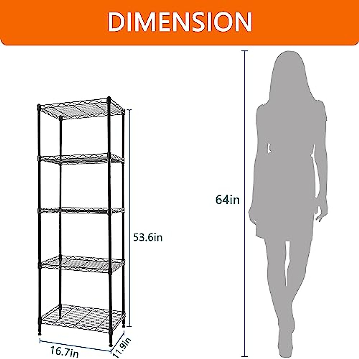 GIOTORENT 5-Wire Shelving Storage Garage Organizer, Adjustable Metal Shelf Wire Shelving Rack for Laundry Bathroom Kitchen Pantry Closet, Matt Black