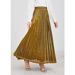 CHARTOU Women's Premium Metallic Shiny Shimmer Accordion Pleated Long Maxi Skirt (Small, Gold)
