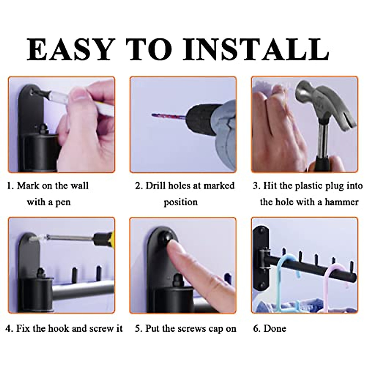 Clothes Hanger Rack Swing Arm, Floding Wall Mounted Clothes Hanger Rack for Laundry Room, Space Saving Clothes Hooks Holder for Drying Rack, Stainless Steel Hanging Hook Valet Hook Rod 2 Pack (Black)