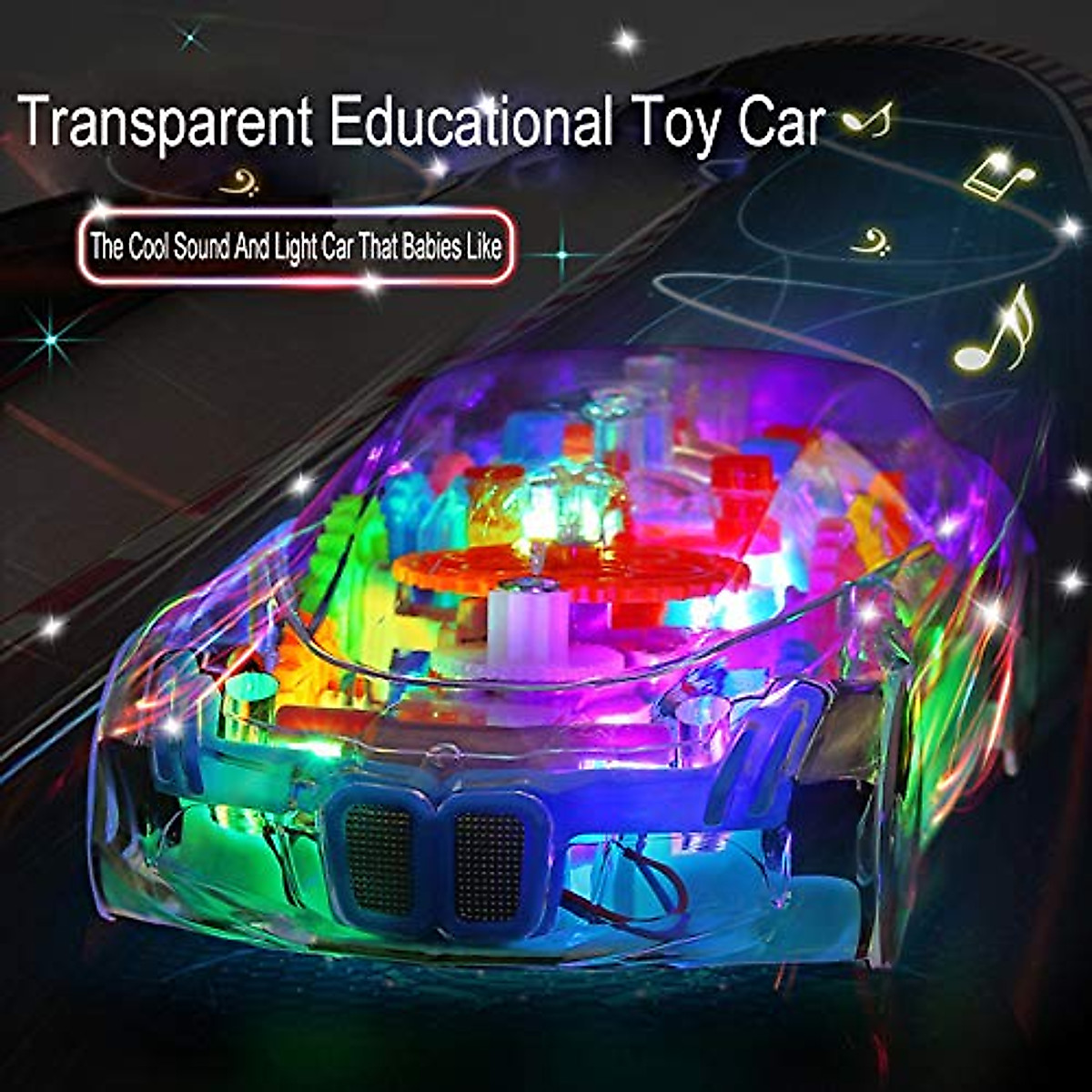 New Concept Transparent Mechanical Gear Toy Musical Car,Early Educational Learning Race Cars,Baby Car Toy with Automatic Steering,Universal Driving Color Lights Flashing Electric Toddler Car