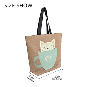 ALAZA Large Canvas Tote Bag Hello Fall Cute Cat Coffee Brown Shopping Shoulder Handbag with Small Zippered Pocket