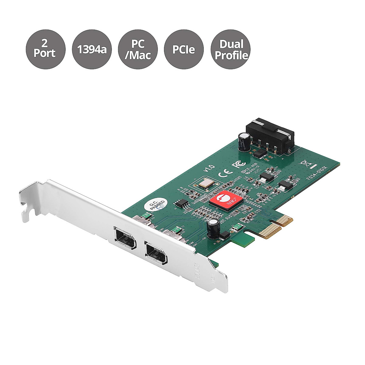 SIIG Dual Profile 2-Port FireWire 400 PCIe Card, PCIe 1.1 x1 to Dual 6-pin 1394a Port, 400Mbps, TI XIO2213BZAY Chipset, for Windows & Mac, Dual-Profile Brackets (NN-E20211-S1)