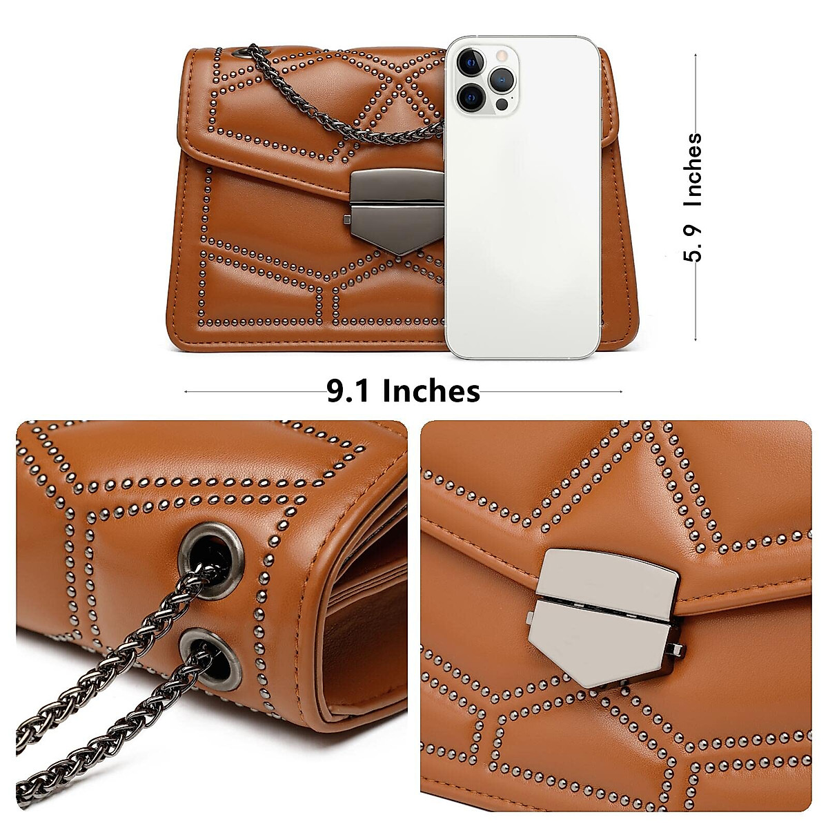 TAGDOT Rivets Chain Small Shoulder Crossbody Messenger Bags for Women Purse and Handbags (Brown)