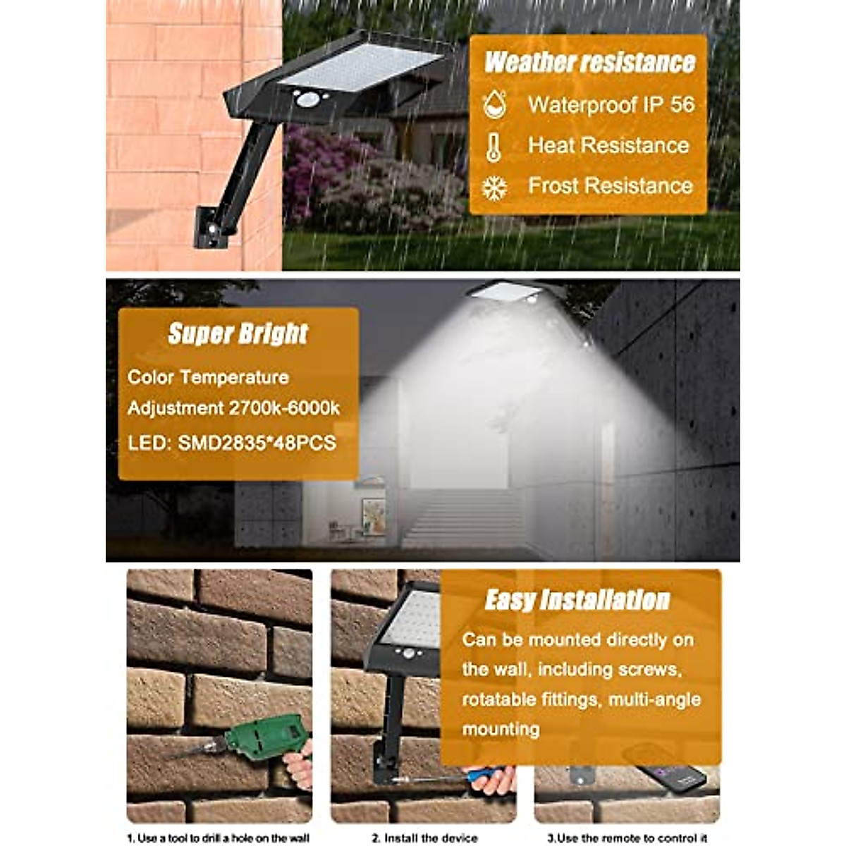 Adowan LED Solar Outdoor Lights with Motion Sensor, 3 Lighting Modes Flood Lights with Remote Control, Waterproof Night Security Light for Garage Garden Street Shed Yard (2 Pack)