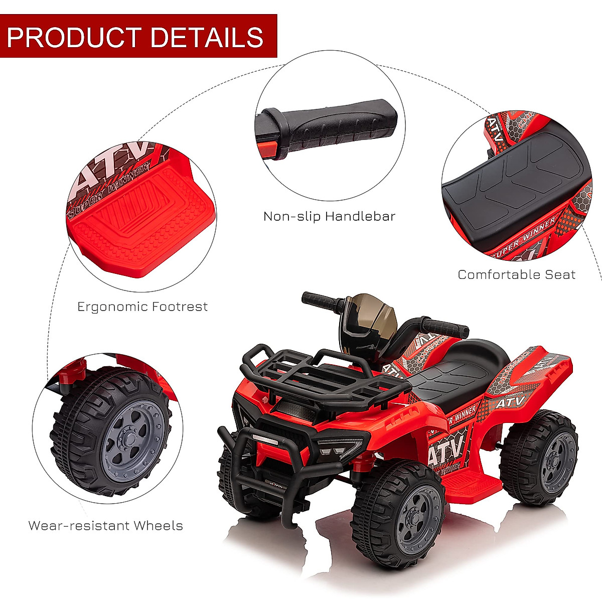 Aosom Kids ATV Four Wheeler Ride on Car, Motorized Quad, 6V Battery Powered Electric Quad with Songs for 18-36 Months, Red