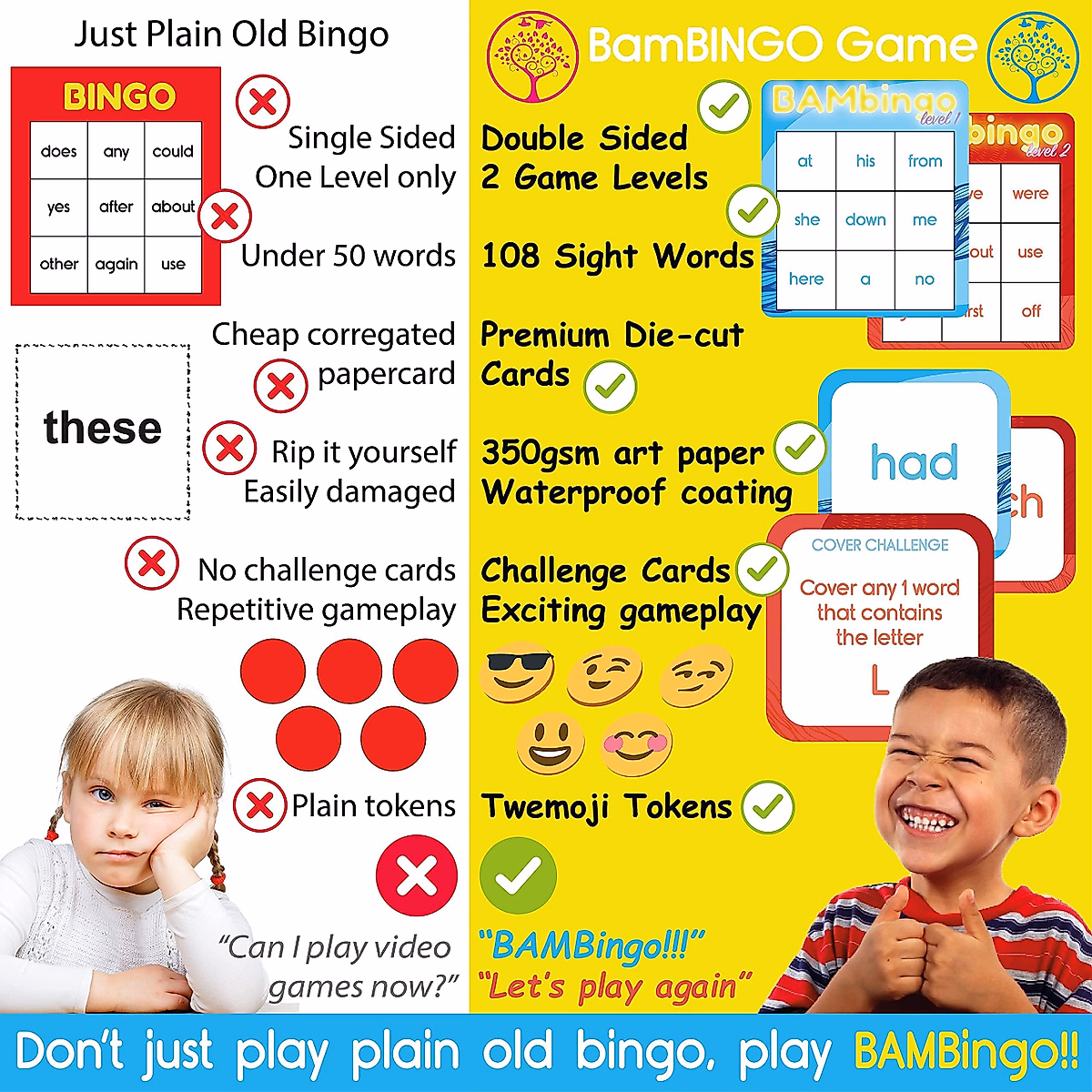 THE BAMBINO TREE Sight Word Bingo Game Level 1 and 2 - Learn to Read Vocabulary for Kindergarten 1st Grade - Dolch's Fry's Words Lists