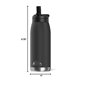 Hydrapeak Flow 32oz Insulated Water Bottle with Straw Lid | Double Wall Vacuum Insulated Stainless Steel Water Bottles, BPA-Free and Leak-Proof, Wide Mouth Flask with Bite Straw and Handle (Black)