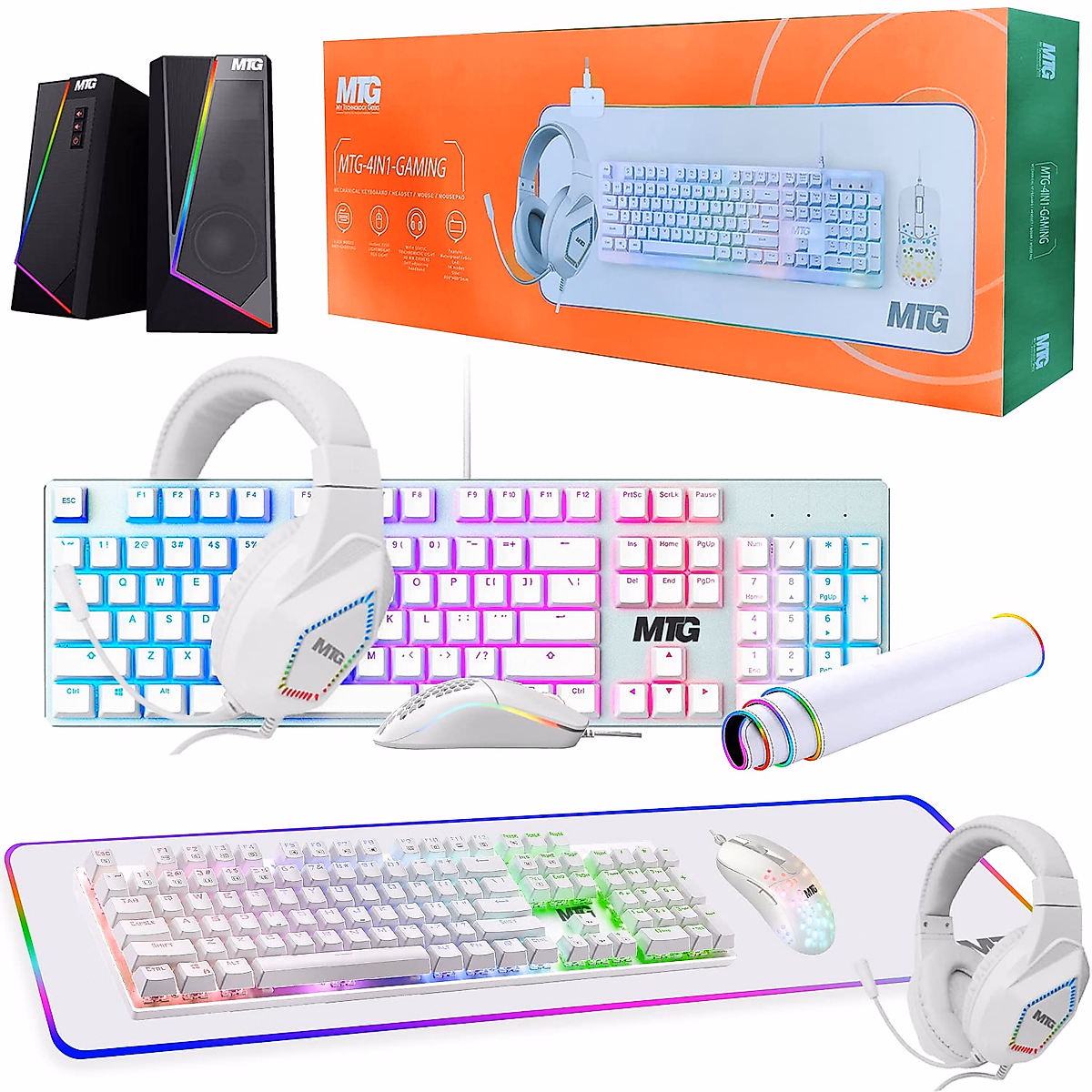 Gaming Kit for PC, RGB Keyboard and Mouse, Gaming Headphone, Large LED Desk Mat with Smooth Surface, RGB Speaker for Desktop Computer, Xbox and PS4 Gamers - MTG 4 in 1 Combo