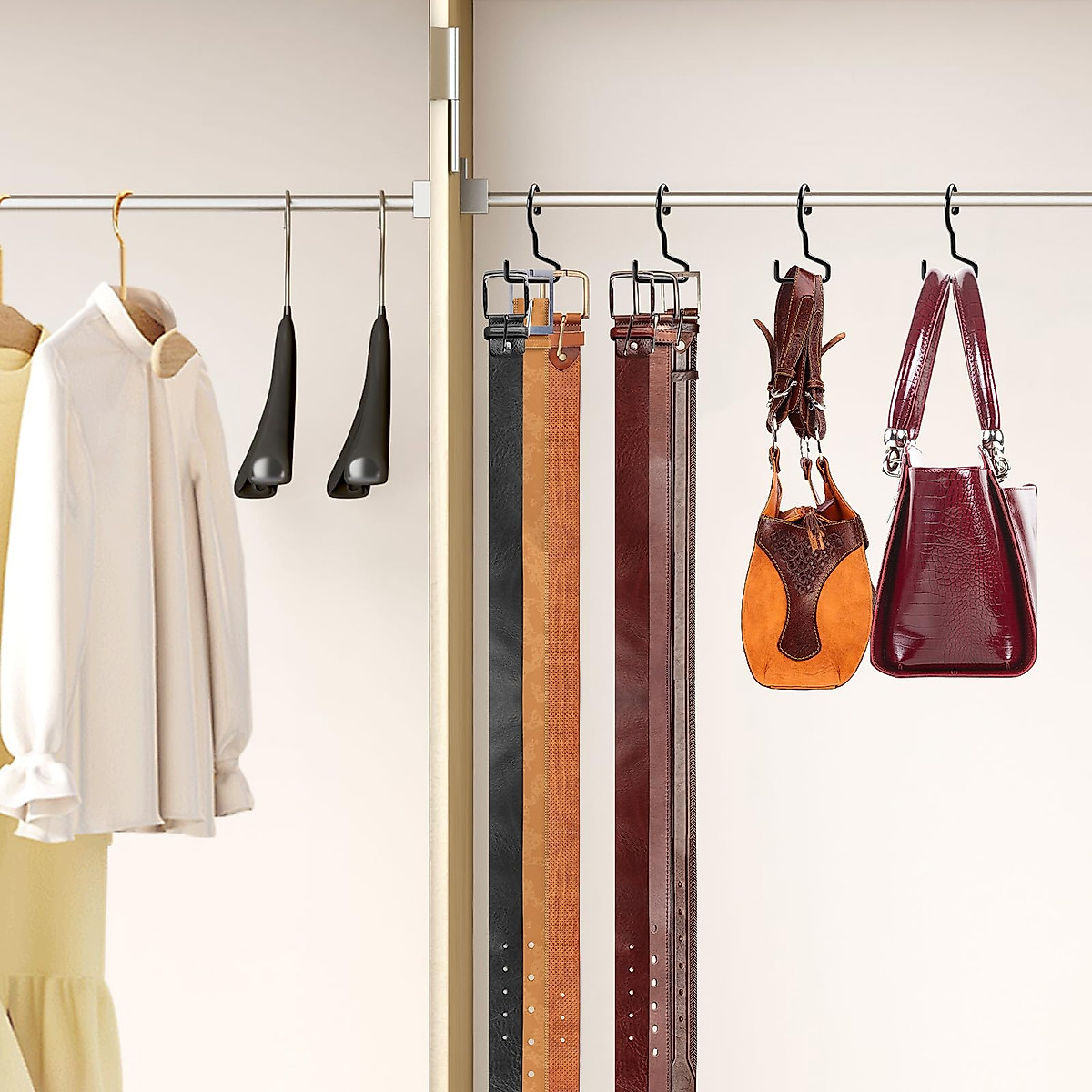 12 Pack Purse Hanger for Closet, 4 Inch Closet Purse Organizer Bags Hanger Purse Hooks,Vinyl Coated Black Closet S Hooks for Hanging Clothes, Hat, Belt, Backpack, Scarves, Jeans, Pans and Pots