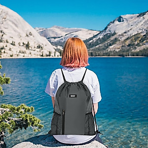 WANDF Drawstring Backpack Sports Gym Sackpack with Mesh Pockets Water Resistant String Bag for Women Men (Grey)