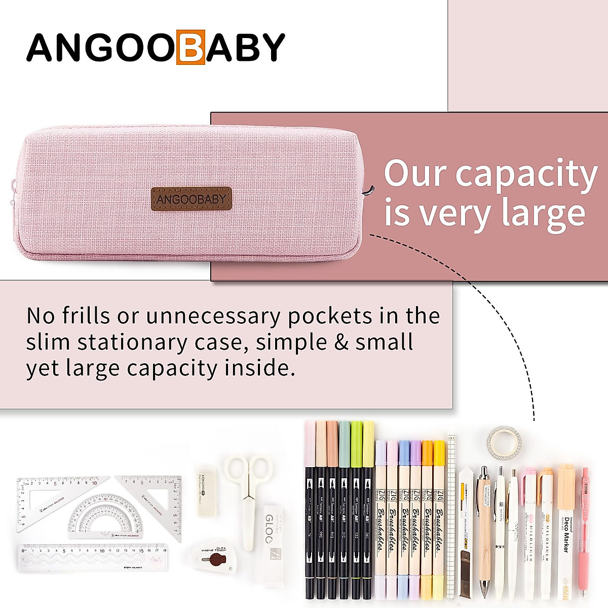 ANGOOBABY Small Pencil Case Student Pencil Pouch Coin Pouch Cosmetic Bag Office Stationery Organizer for Teen School-Pink
