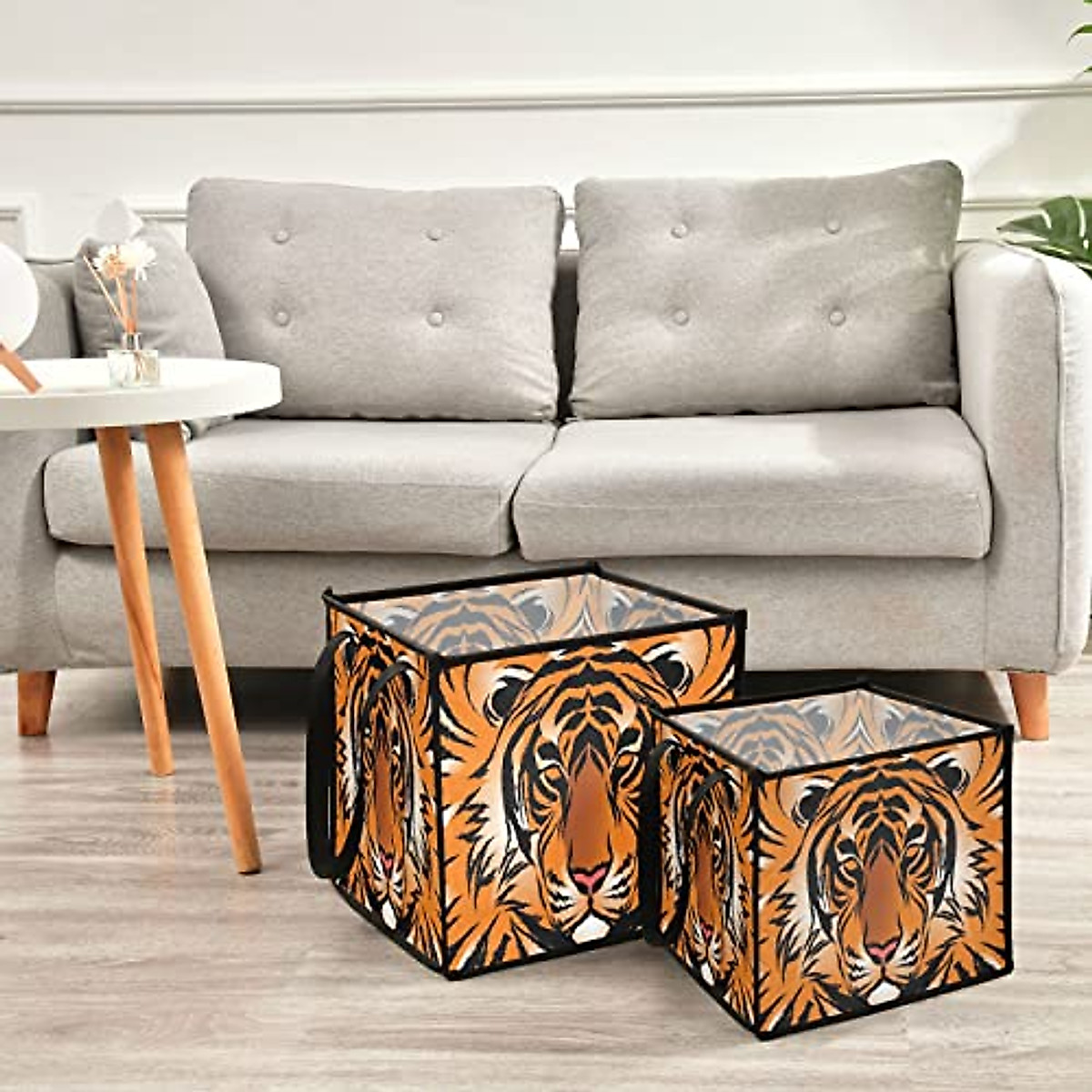 Kigai Striped Bengal Tiger Foldable Storage Basket Bin Closet Cubes Kids Toys Organizer Boxes for Nursery Home Drawer Storage Box Decorative,Hangable