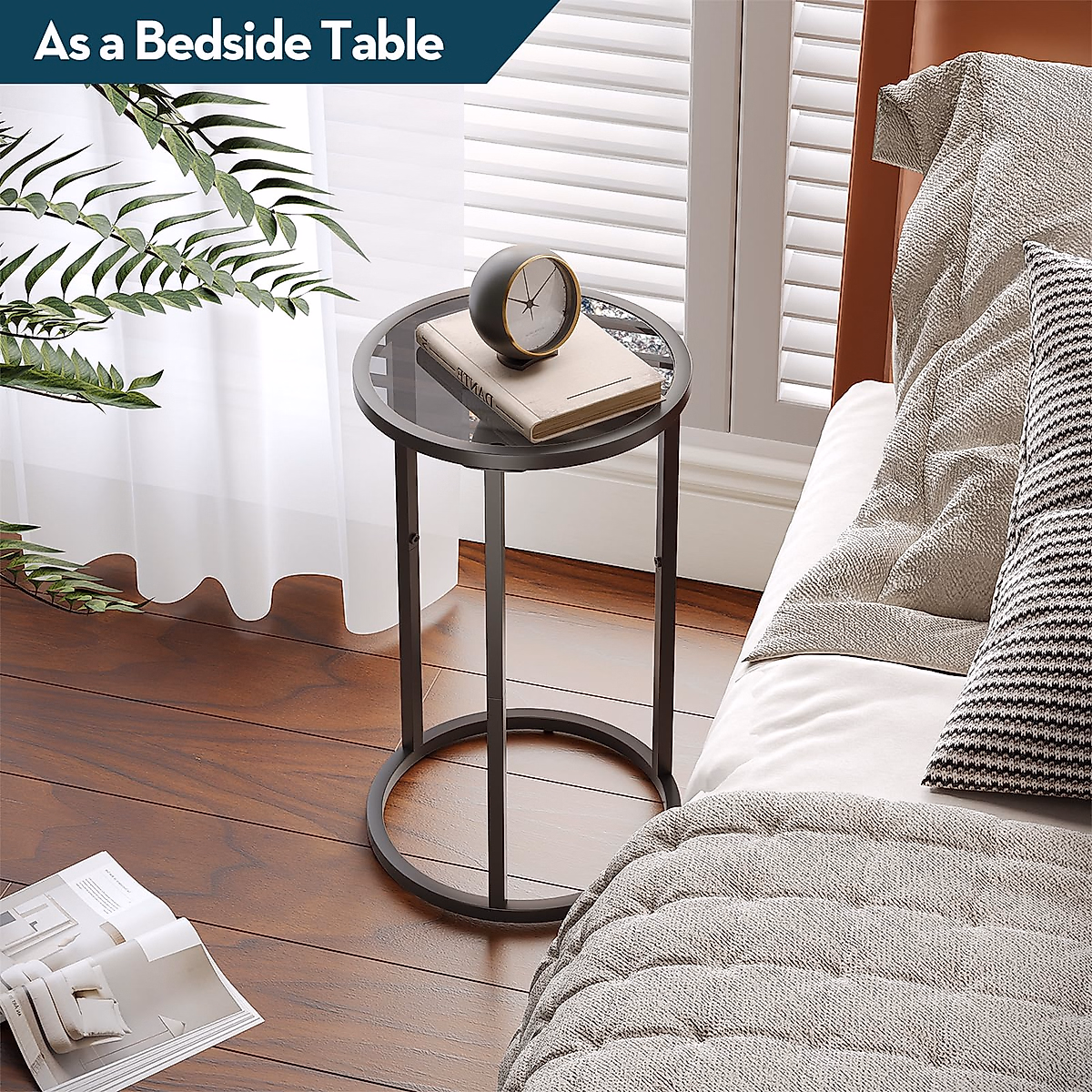SAYGOER Small Side Table Round Glass End Table for Small Spaces Narrow Couch Night Stand Modern Bedside Table with Black Metal Frame for Bedroom Living Room, Easy Assembly