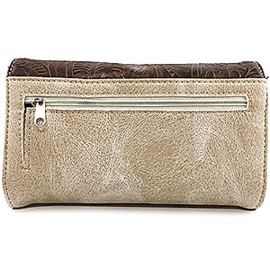 Justin West Tooled Leather Laser Cut Rhinestone Cross Studded Shoulder Concealed Carry Tote Style Handbag Purse (Beige Wallet)