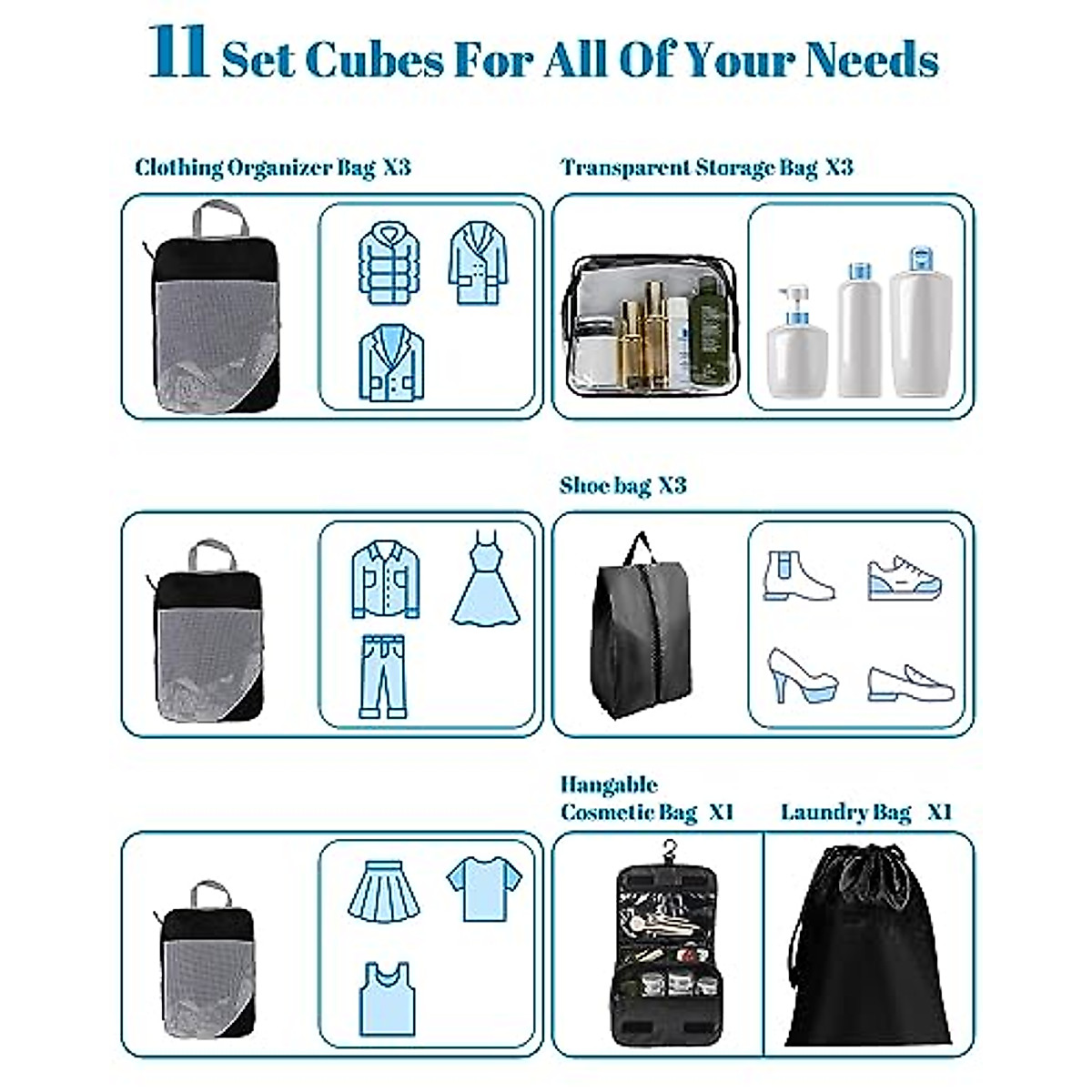 Instraella Compression Packing Cubes for Suitcases, 11 Set Packing Cubes Travel Accessories With 3 Compressible Packing Cubes, Travel Makeup Bag, Shoe Bag, Cable Organizer Bag For Carry On Luggage