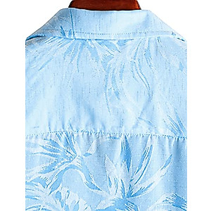 VATPAVE Mens Hawaiian Floral Jacquard Shirt - Casual Button Down Short Sleeve Summer Shirt With Pocket - X-Large Light Blue Silk