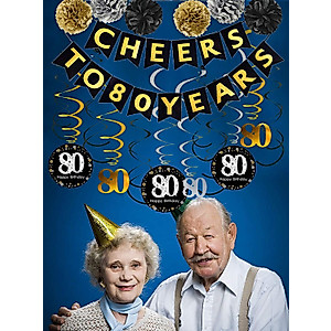 Famoby 80th Birthday Party Decorations Kit - Gold Glittery Cheers to 80 Years Banner,Poms,12Pcs Sparkling 80 Hanging Swirl for 80th Anniversary Decorations 80 Years Old Party Supplies