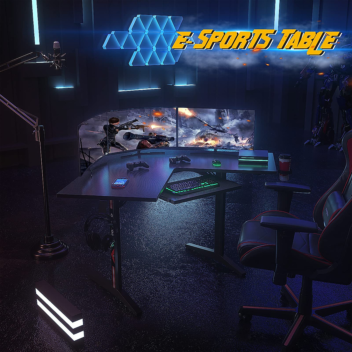 Ecoprsio L Shaped Gaming Desk Corner Gaming Desk, Gaming Computer Desk with Keyboard Tray, Large PC Gaming Desk Gamer Desk Workstation, Computer Gaming Desk Table with Cup Holder and Headphone, Black