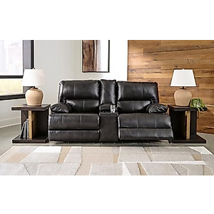 Signature Design by Ashley Mountainous Modern Leather Match Wall Hugger Power Reclining Loveseat with Adjustable Headrest, USB Ports, Storage and Cup Holders, Black