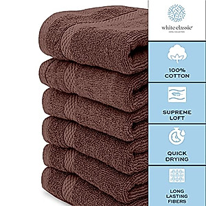 White Classic Luxury Hand Towels | 6 Pack Luxury Cotton Washcloths | 12 Pack Bundle (Brown)